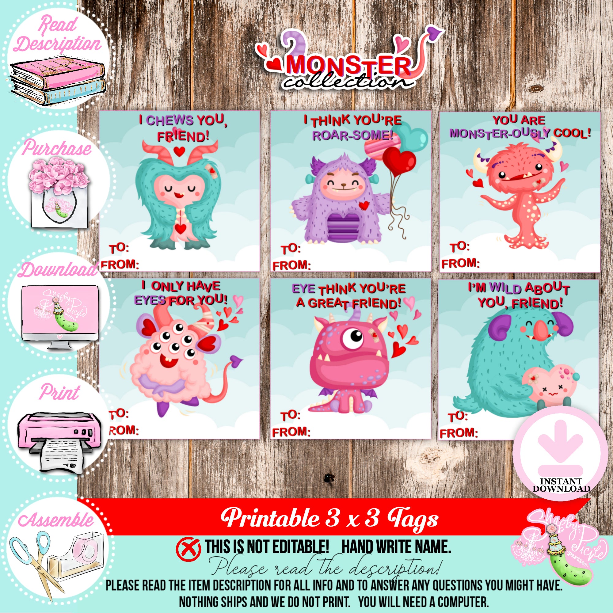 Valentine's Monsters-Valentine's Day 3x3 Tags-6 Styles-Class Favors-Va ...