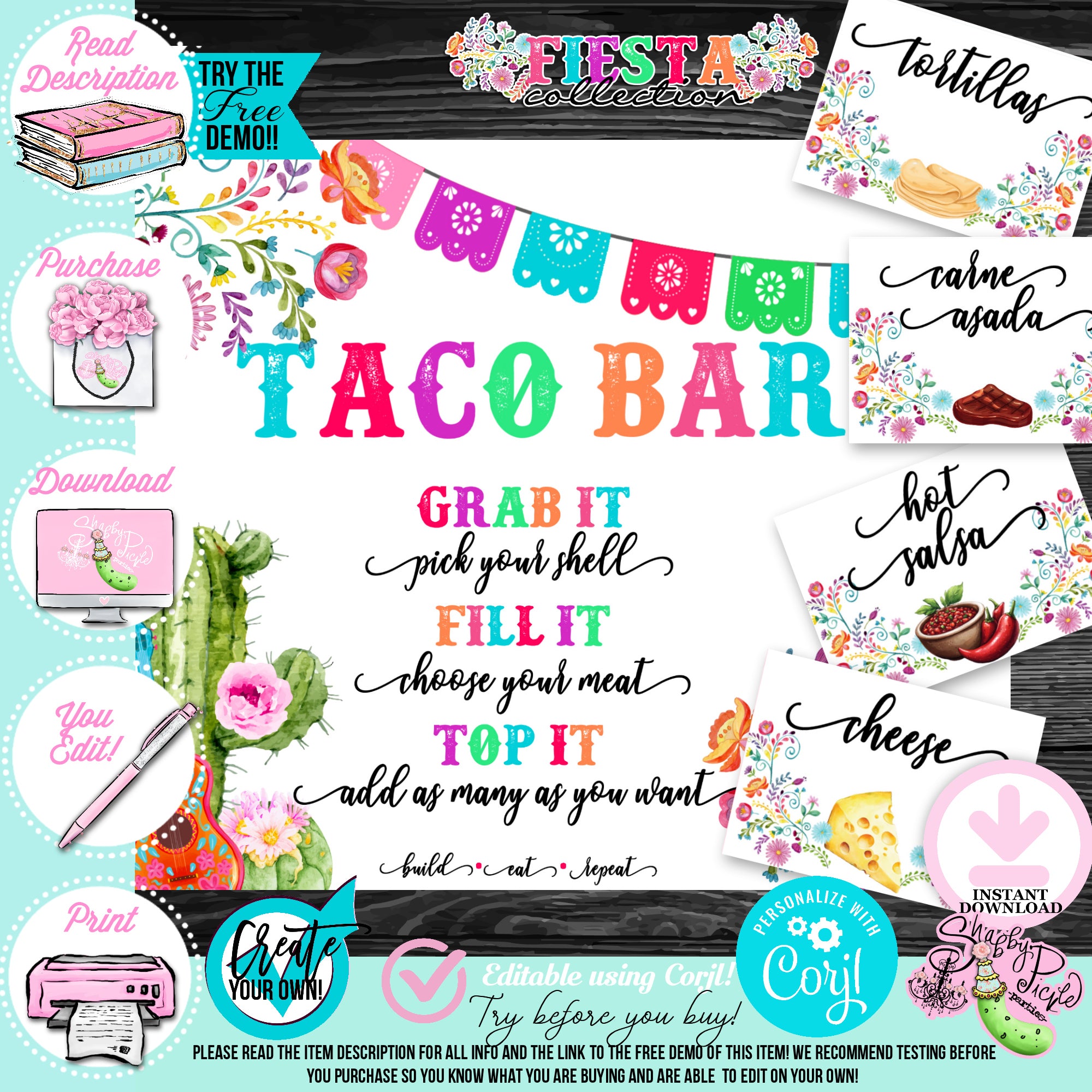 Fiesta-TACO BAR SET-TACO Bar Sign-Tent Cards 48 PREFILLED-& Editable i ...