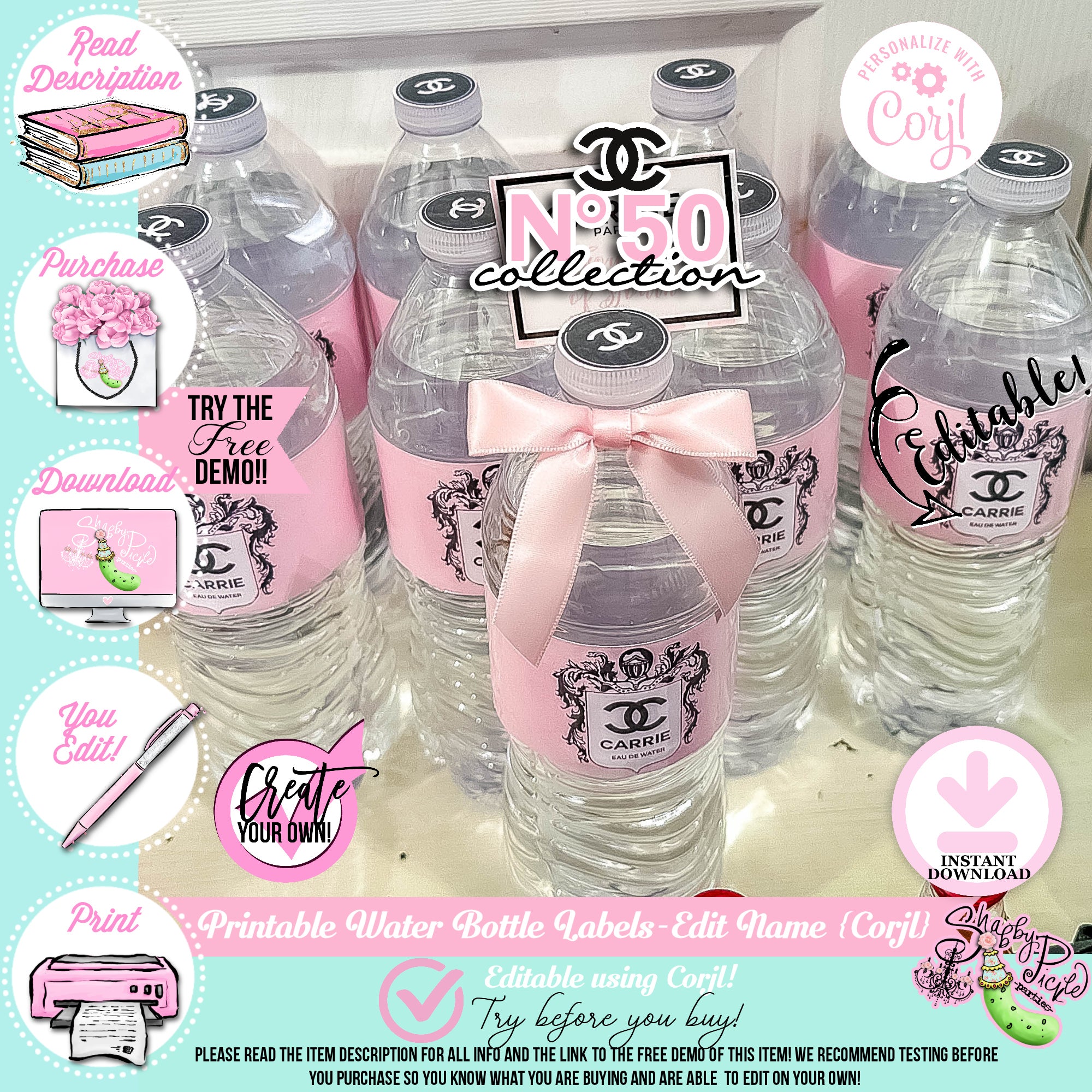 Chanel No50-Water Bottle Labels-Water Bottle Wrappers-ANY AGE!-Editabl – Shabby Pickle Parties