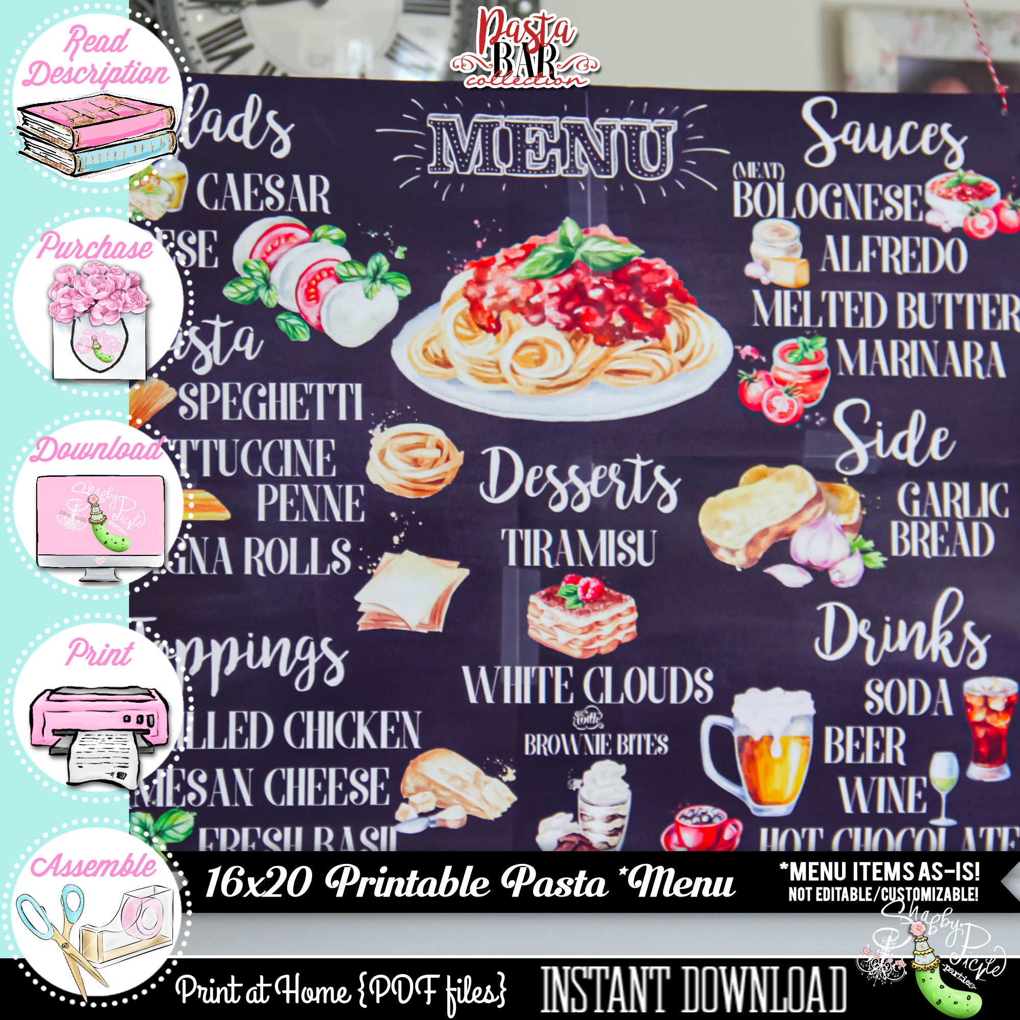 Pasta Bar-16x20 Menu-Pasta Bar Menu-As Shown No Changes-Not Customizab ...
