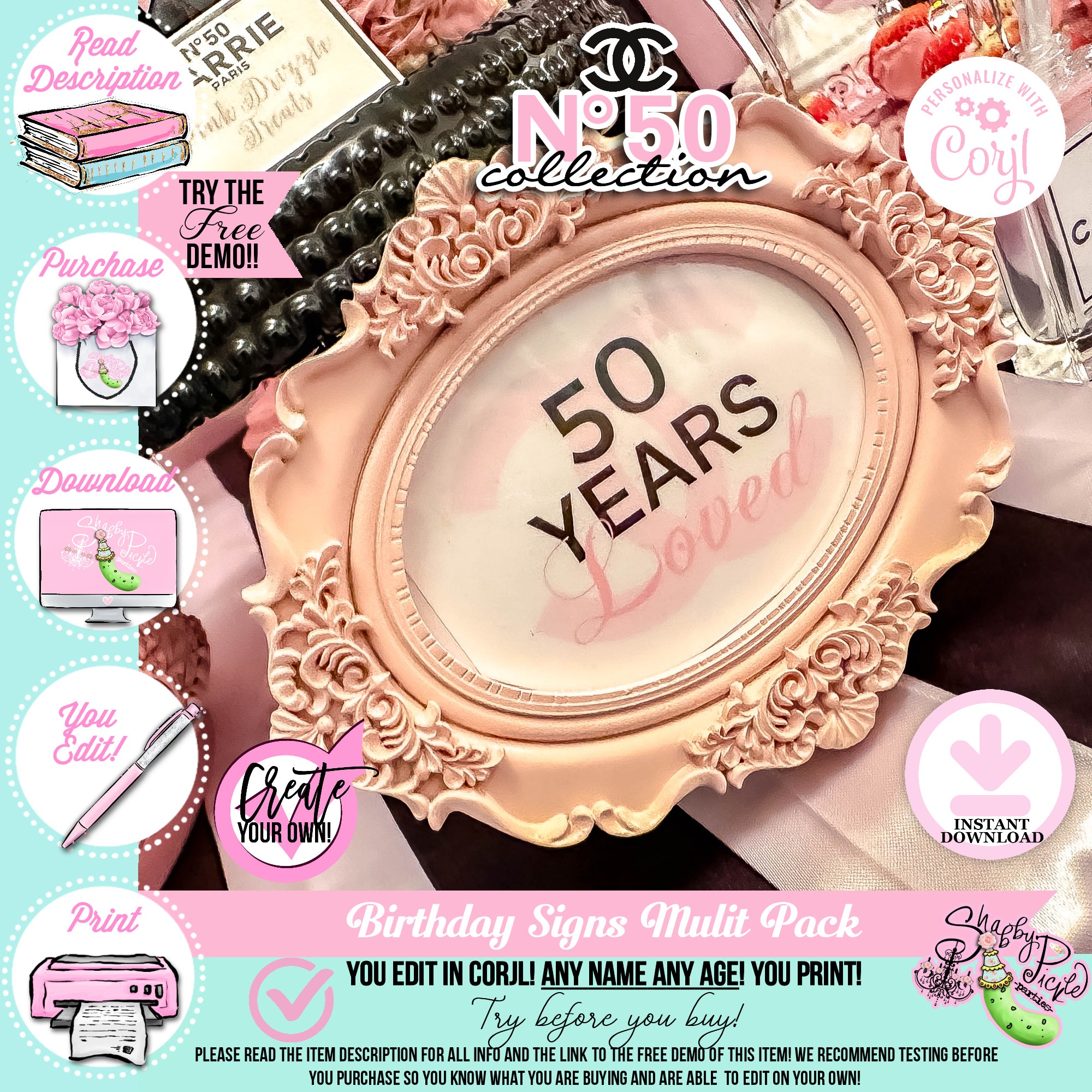 Chanel No50-Birthday Signs Multi Pack-ANY AGE!-Editable in Corjl Only ...