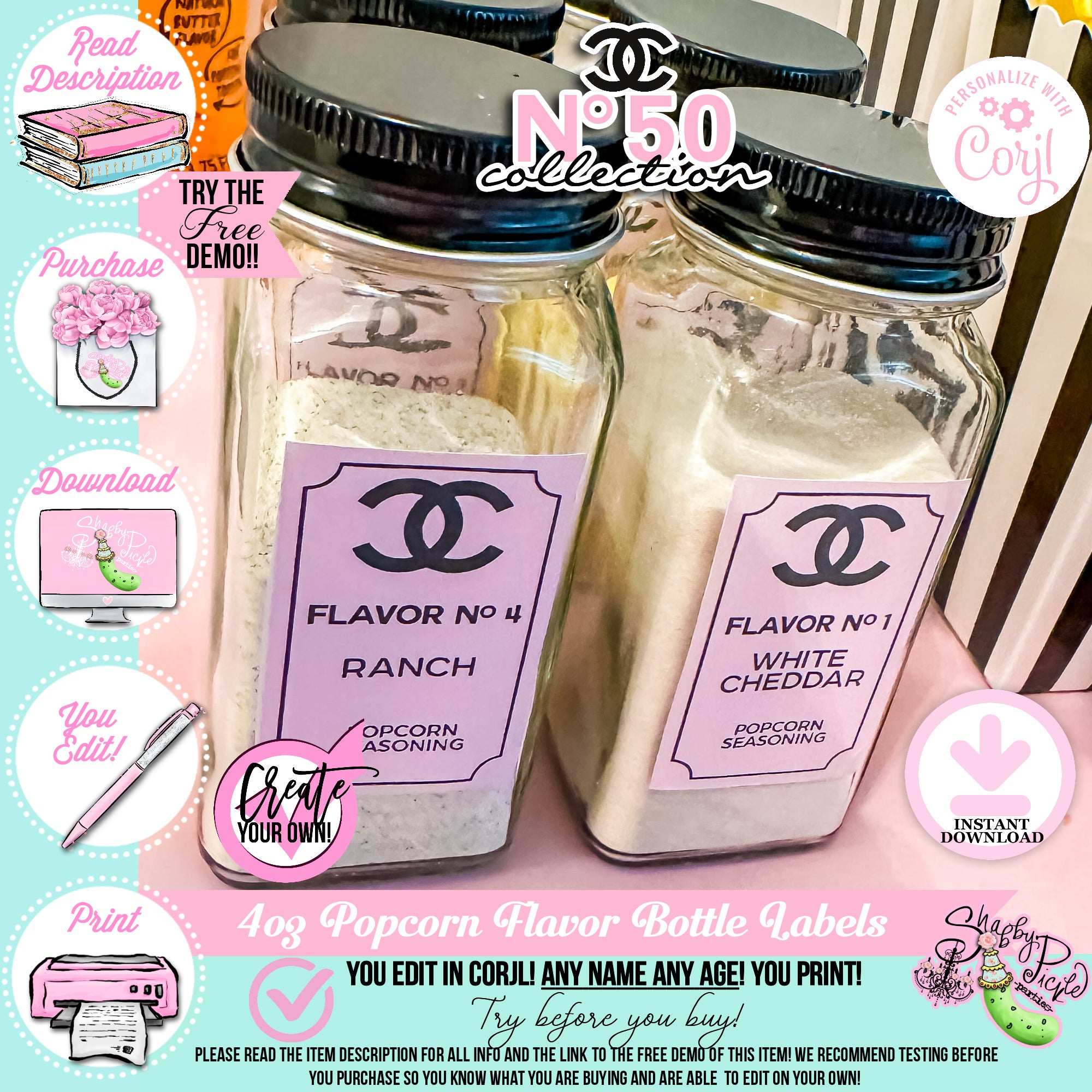 Chanel No50-Popcorn Flavor Jar Labels-ANY AGE!-Editable in Corjl Only ...