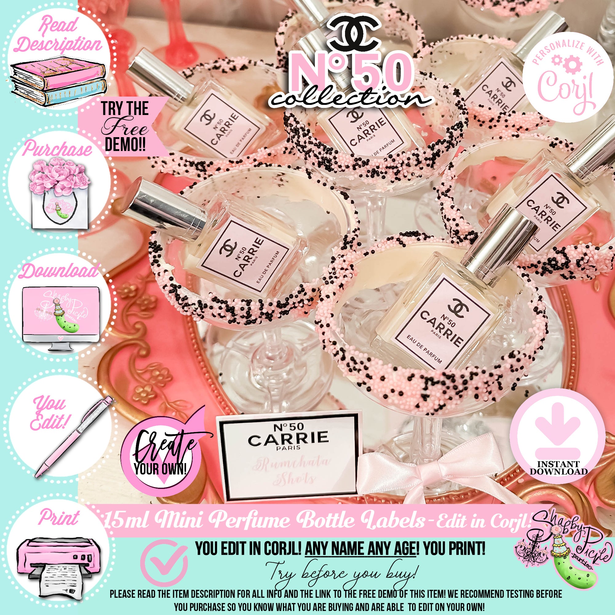 Chanel No50-15ml Perfume Bottle Labels-ANY AGE!-Editable in Corjl Only ...