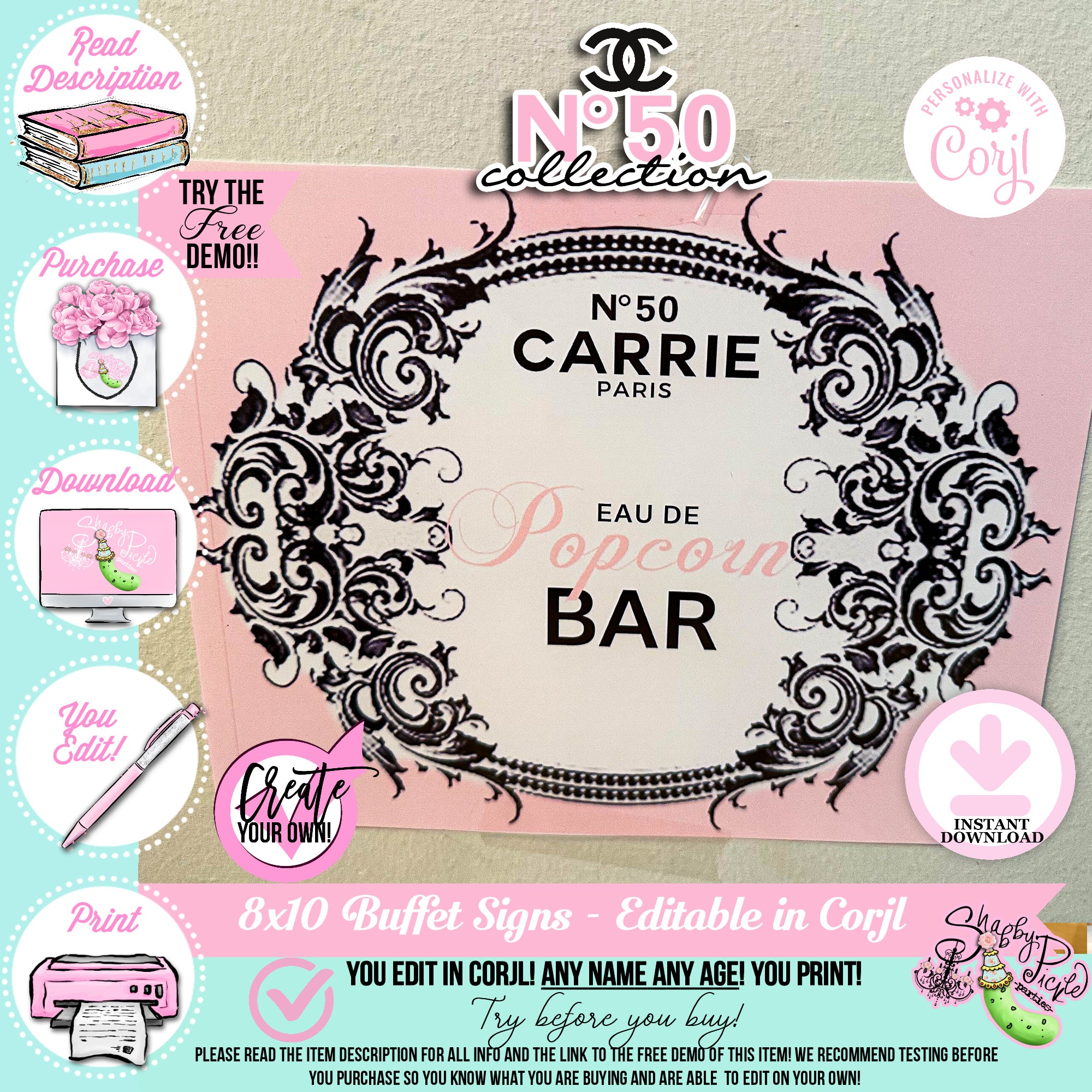 Chanel No50-Buffet Signs-ANY AGE!-Editable in Corjl Only-Blank Signs-C ...