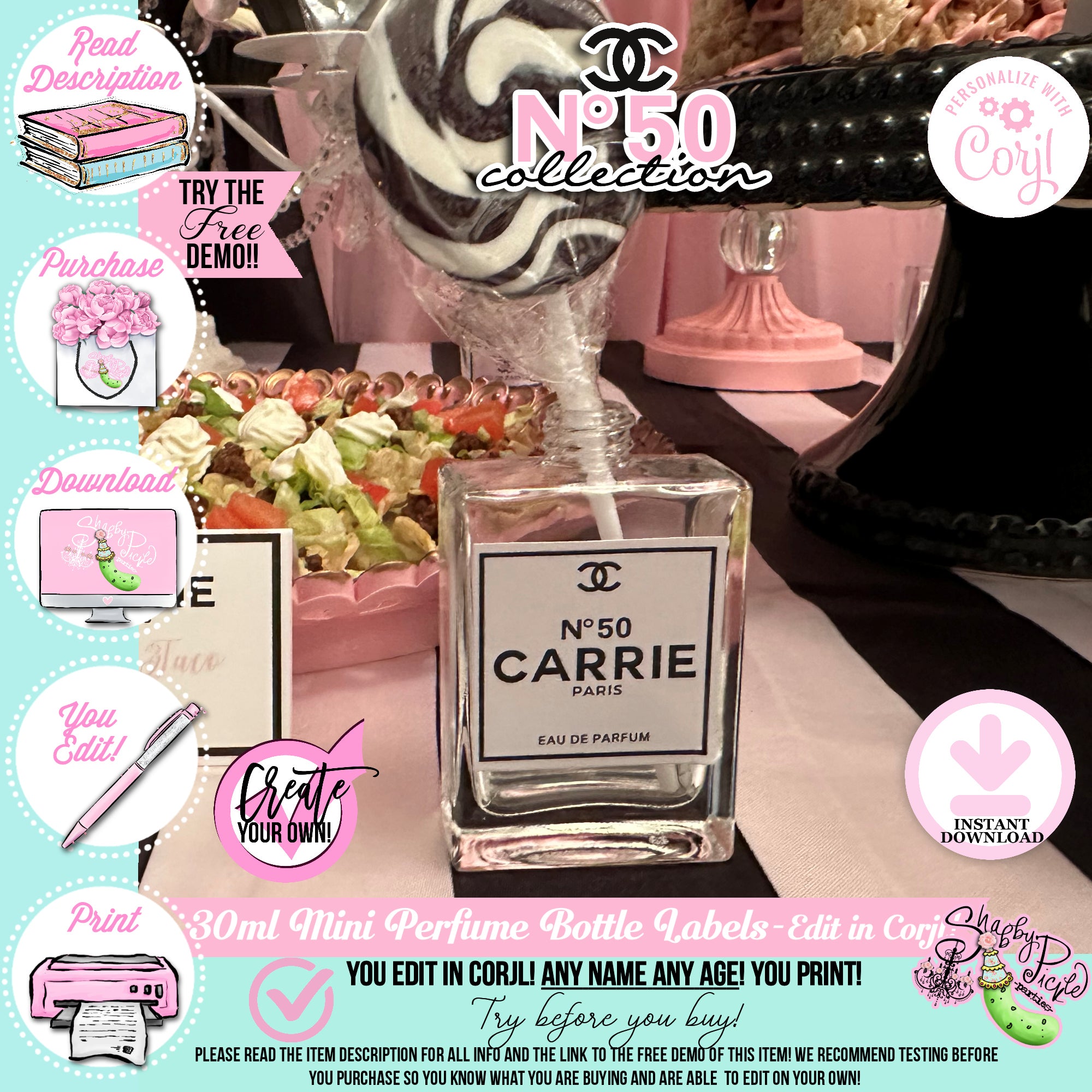 Chanel No50-30ml Perfume Bottle Labels-ANY AGE!-Editable in Corjl Only ...