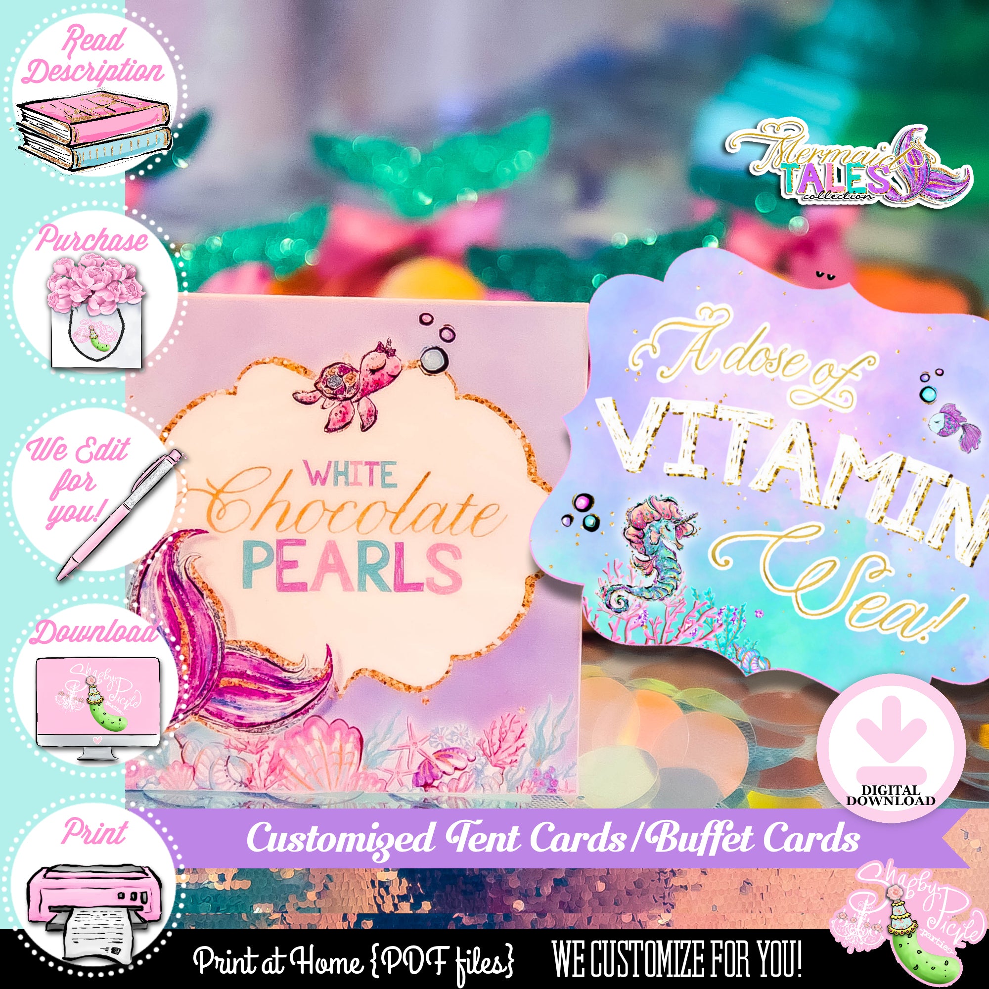 Mermaid Tails-Buffet Cards-Tent Cards-Mermaid Buffet Flat Cards-Custom ...