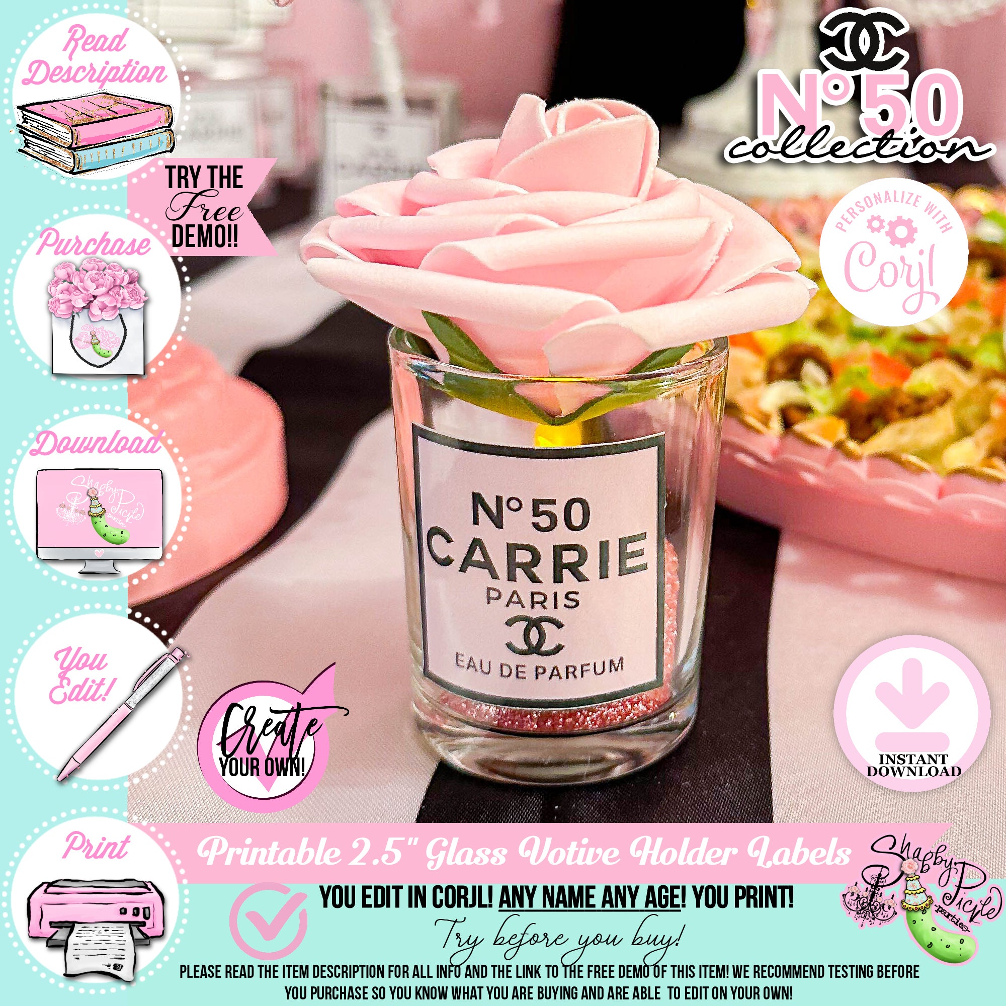 Chanel No50-Votive Holder Labels-ANY AGE!-Editable in Corjl Only-Custo ...