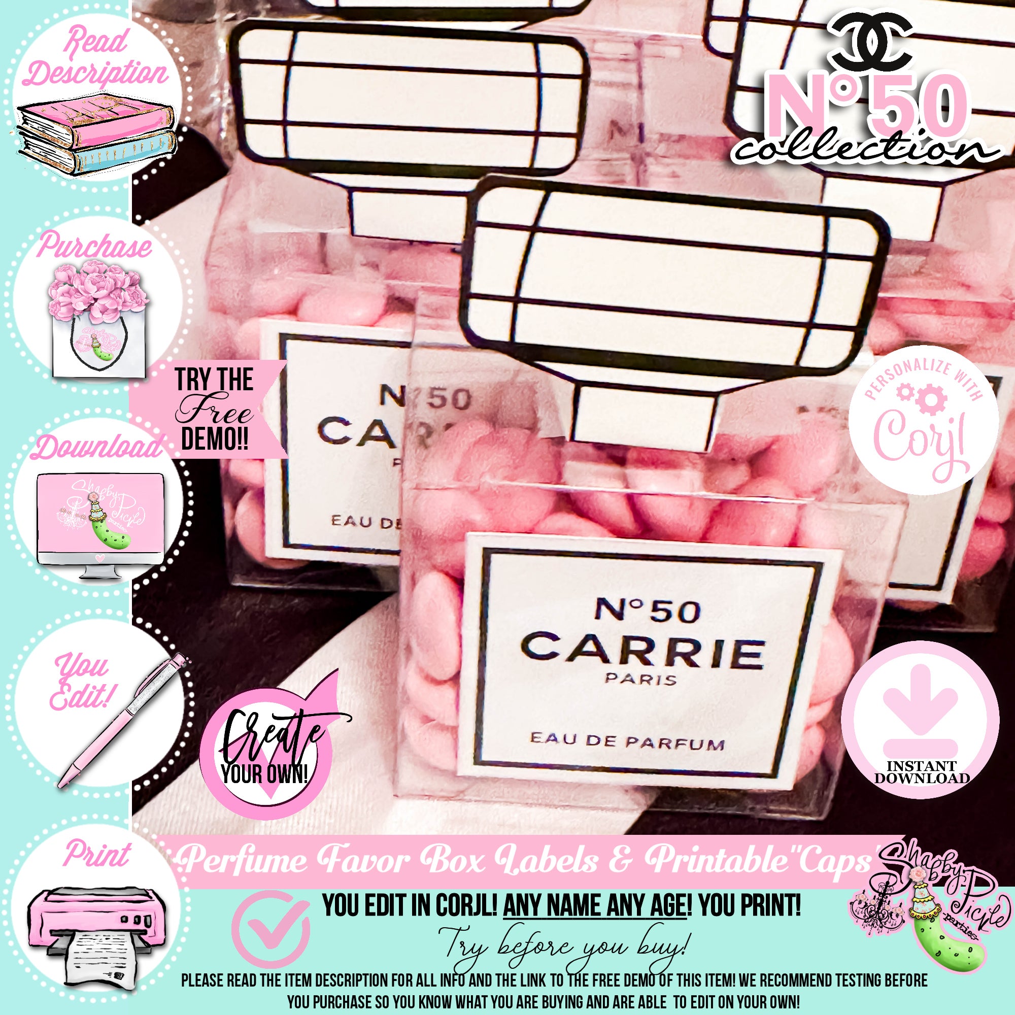 Chanel No50-Perfume Favor Box Labels & Toppers-ANY AGE!-Editable in Co ...